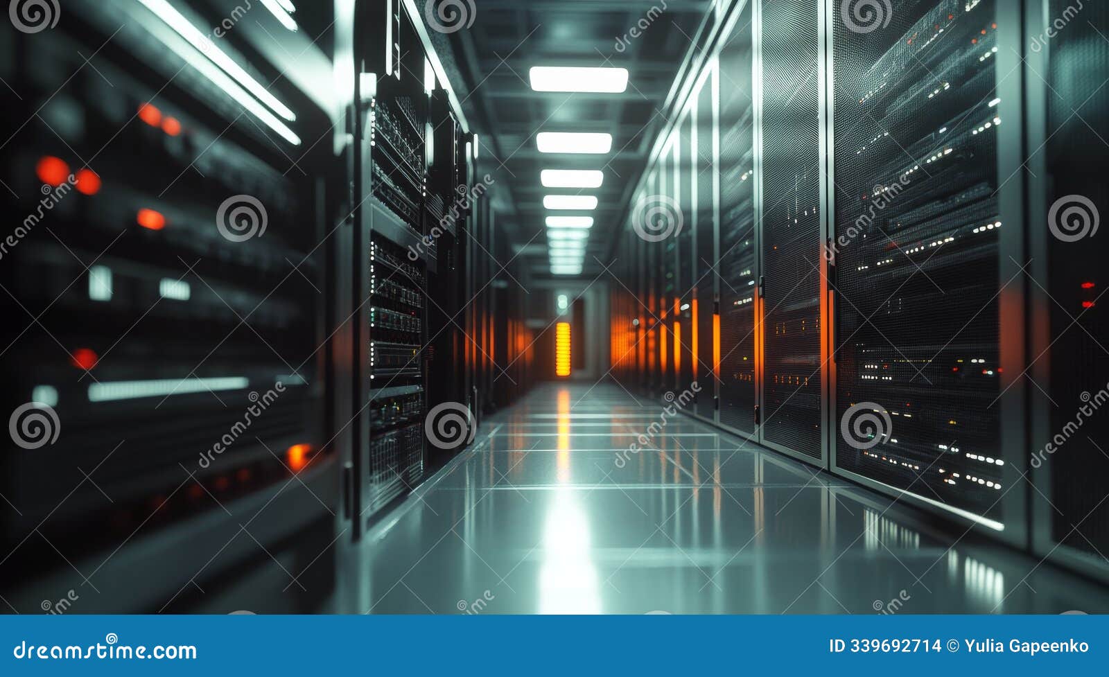 Exploring a Modern Server Room with Illuminated Racks in a Data Center ...