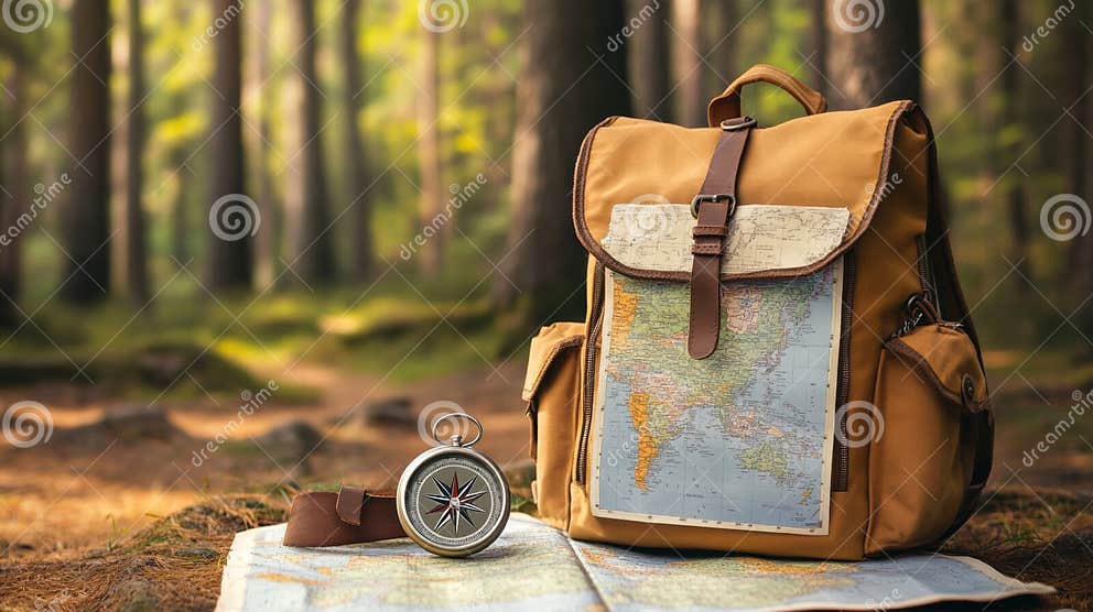 Exploring Nature with a Backpack, Compass, and Map in a Tranquil Forest ...