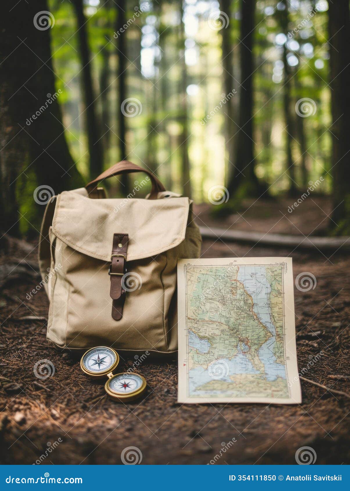Exploring Nature with a Backpack Map and Compass in a Tranquil Forest ...