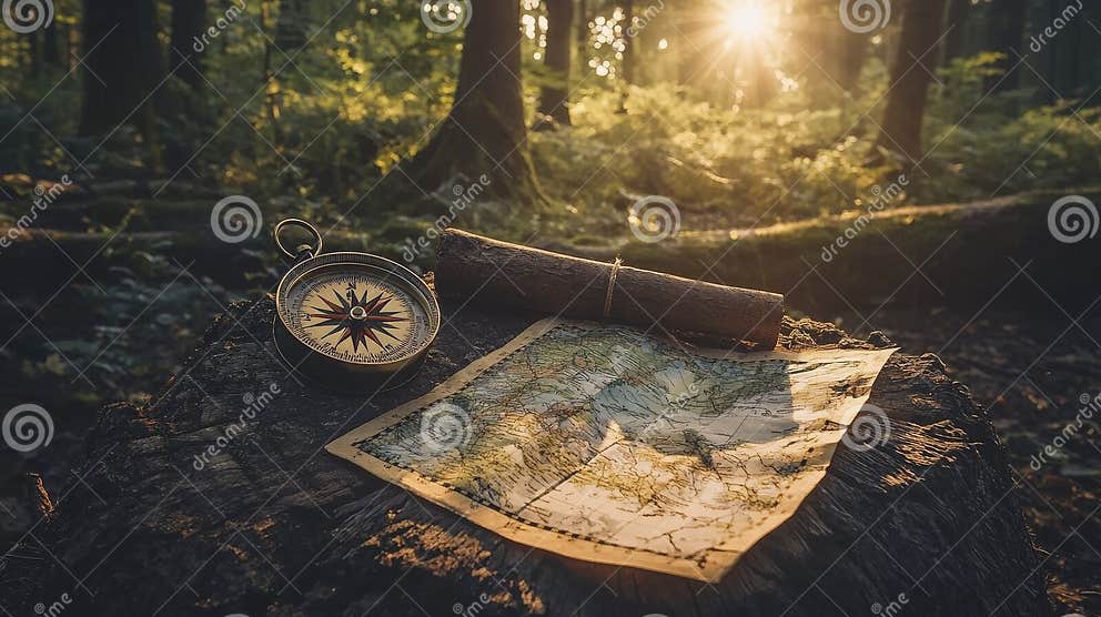 Exploring Nature S Pathcompass and Map on Tree Stump Forest Setting ...