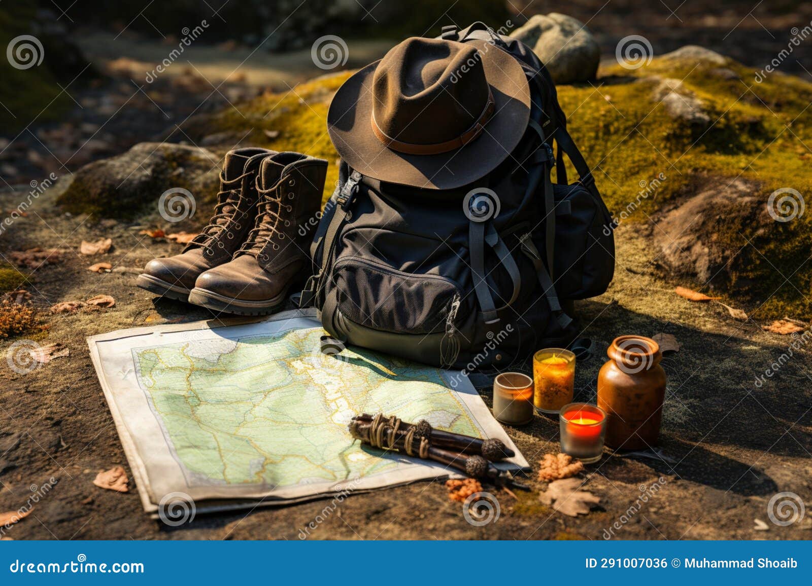 Exploring New Horizons, Boots, Backpack, Map, Compass, and Hat on ...