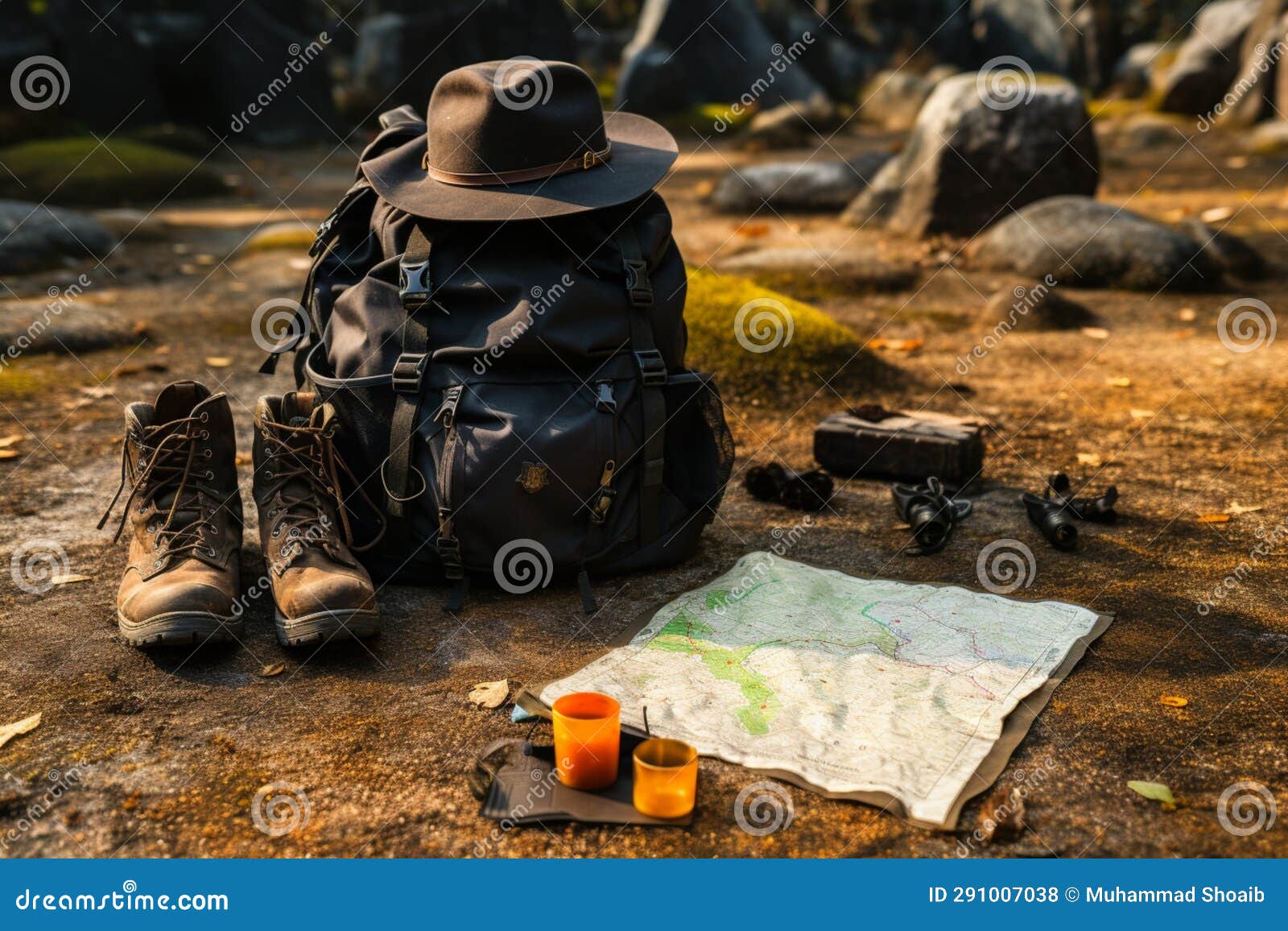 Exploring New Horizons, Boots, Backpack, Map, Compass, And Hat On ...
