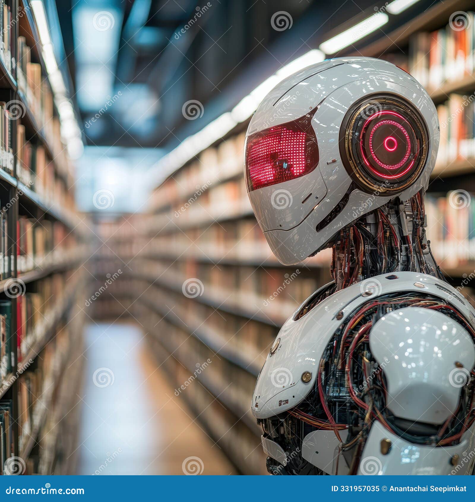 Exploring Rows of Bookshelves in a Library, a Humanoid Robot Symbolizes ...
