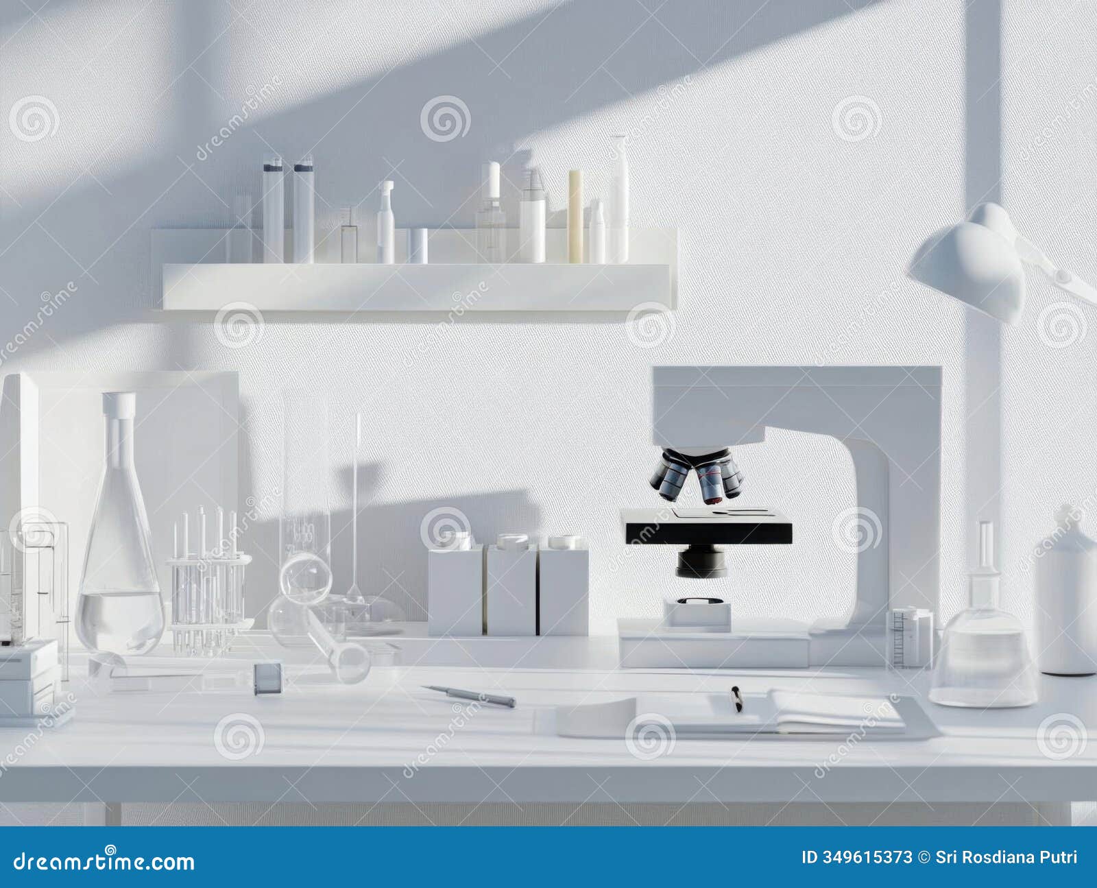 Microscope In Lab With Glassware And Molecular Structures, Blue Hues ...