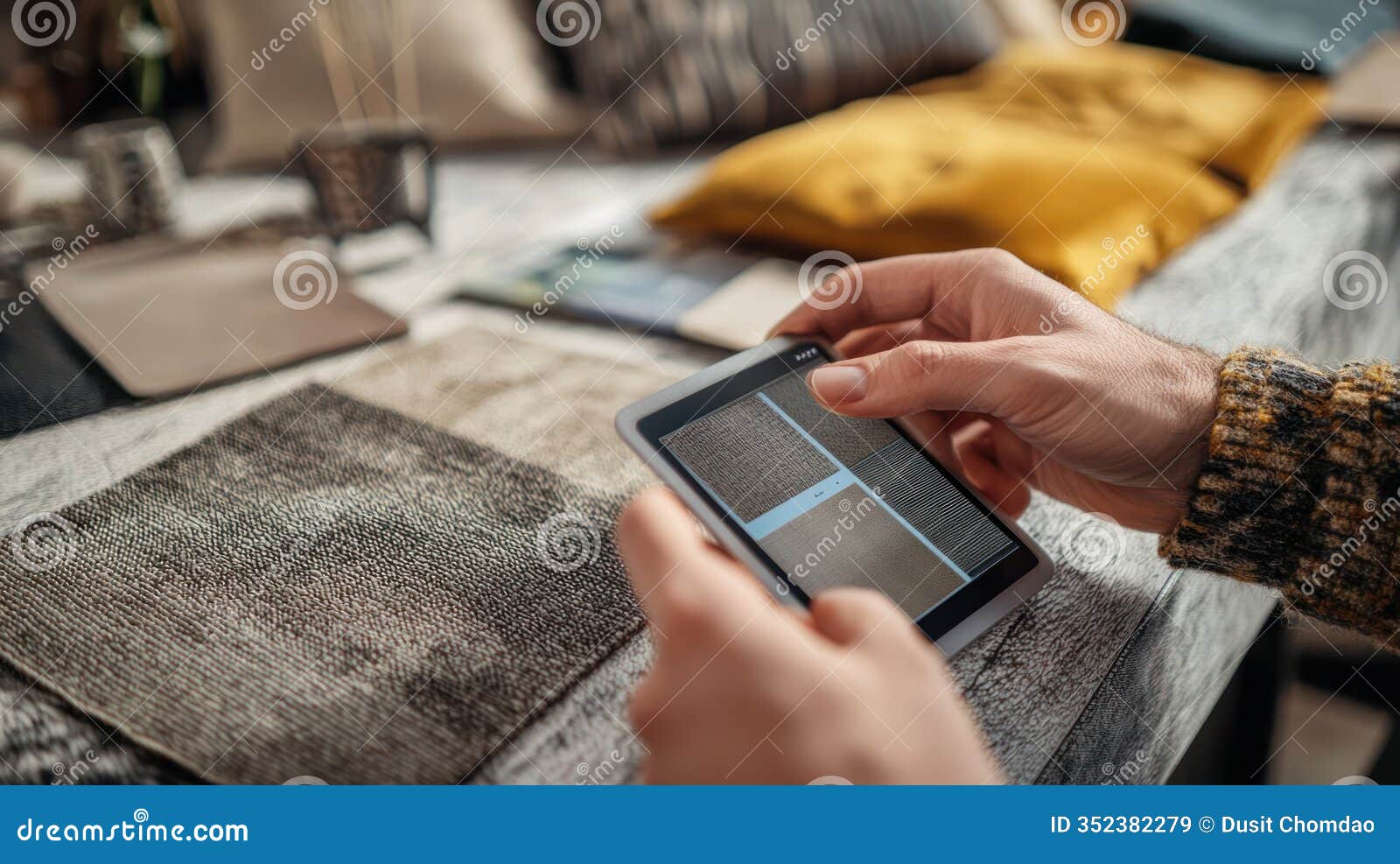 Exploring Textures on Home Design App, Hands Holding Tablet, Showcasing ...