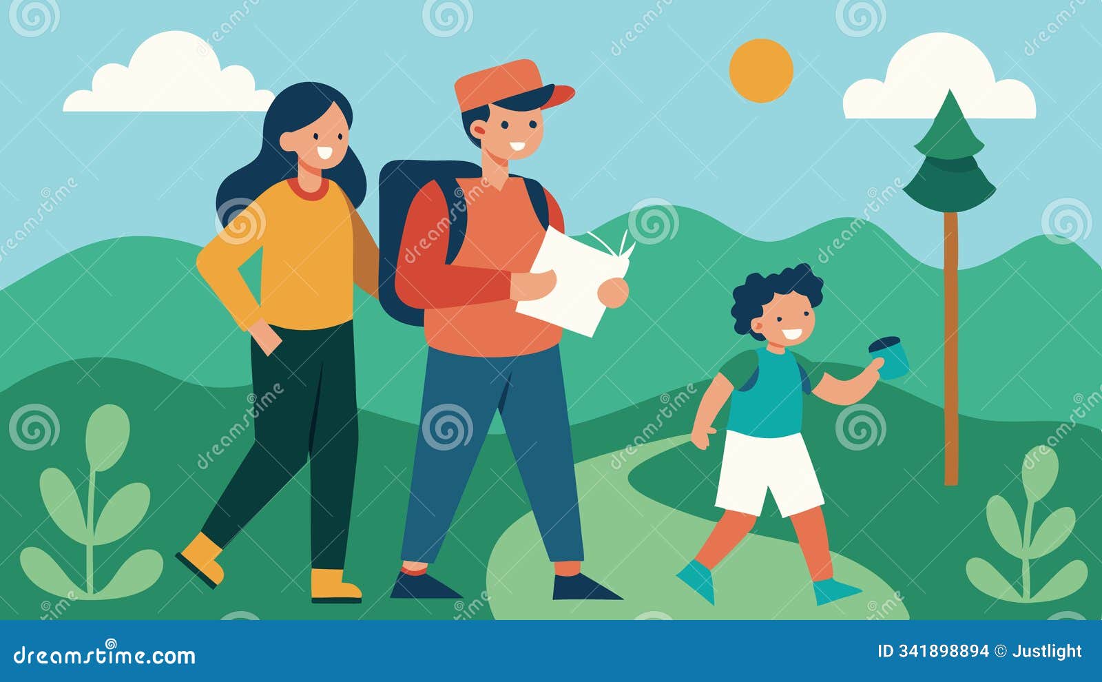 Exploring a Trail a Family Using a Map or Compass To Navigate a Hiking ...