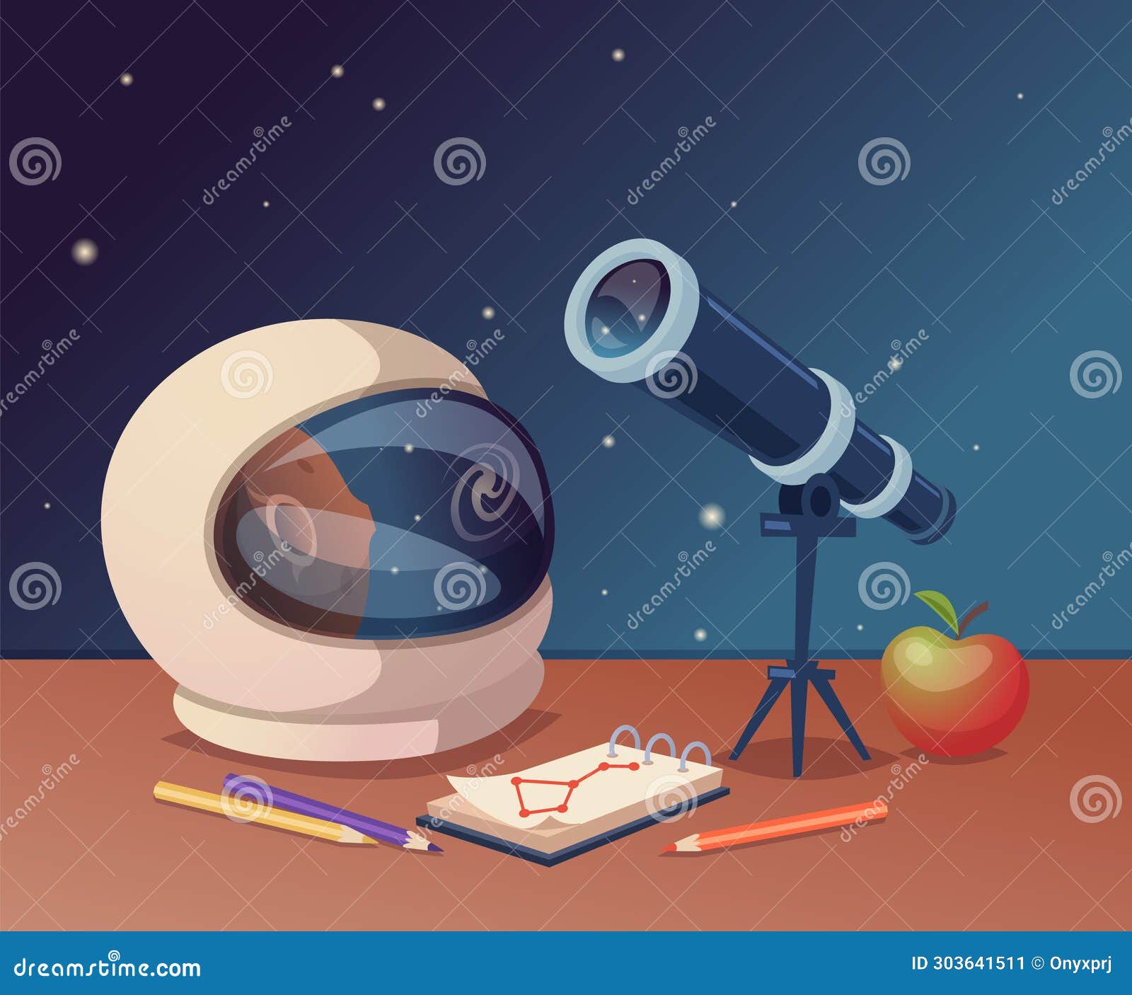 Exploring Universe. Telescope And Astronaut Helmet Cartoon Vector ...