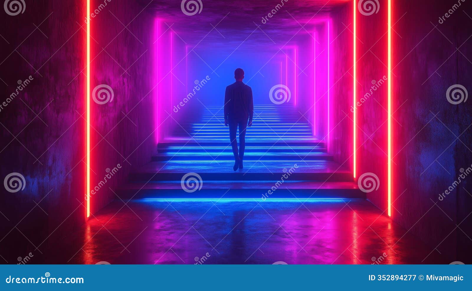 Exploring a Vibrant Neon Pathway in a Dark Enigmatic Space Stock Image ...