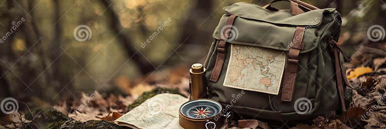 Exploring the Wilderness with a Backpack, Compass, and Map in a Serene ...