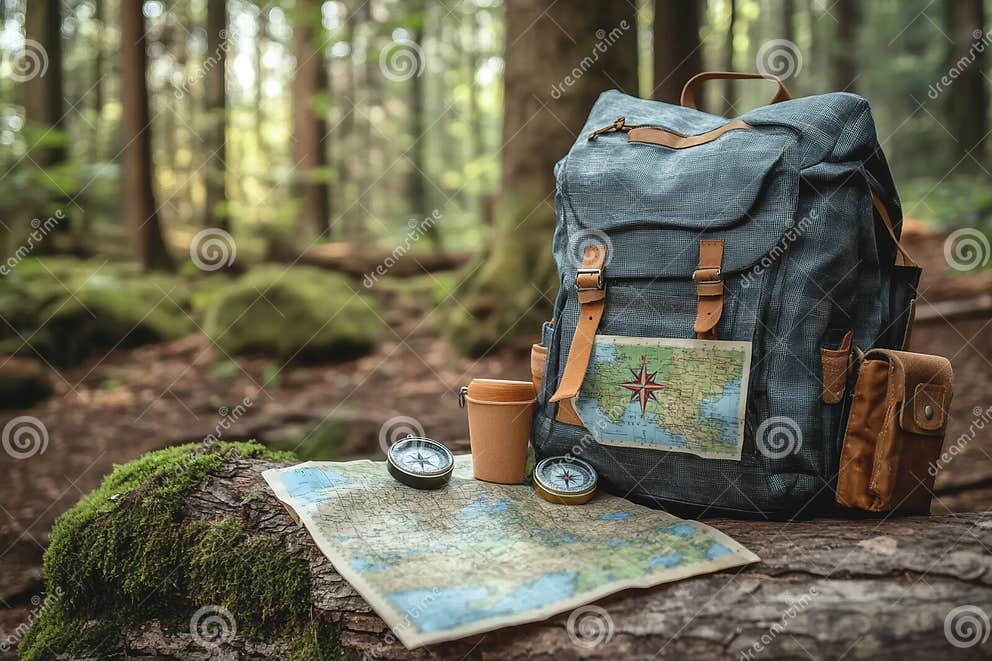 Exploring the Wilderness with a Compass, Map, and Backpack Surrounded ...