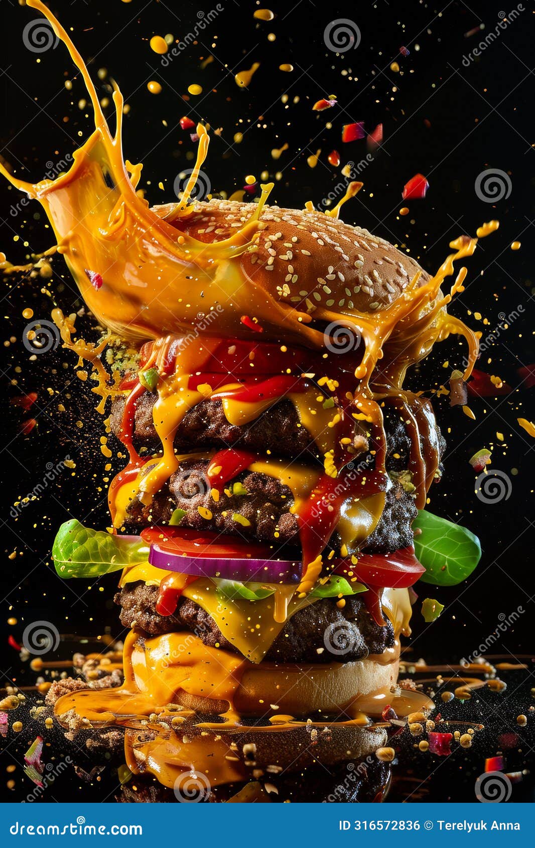 The Explosion of Big Burger with Flying Ingredients. Exploding ...