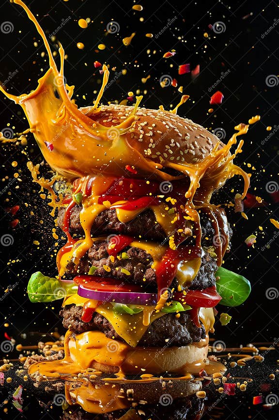 The Explosion of Big Burger with Flying Ingredients. Exploding ...