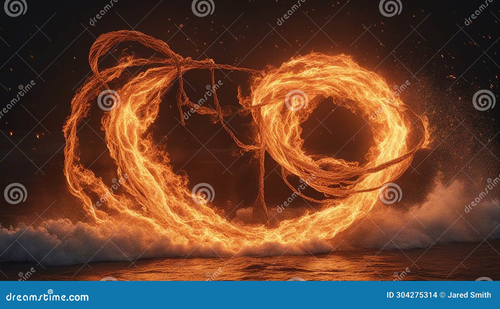 Explosion on Black a Fire Artist with a Fire Rope that Forms a Wave of ...