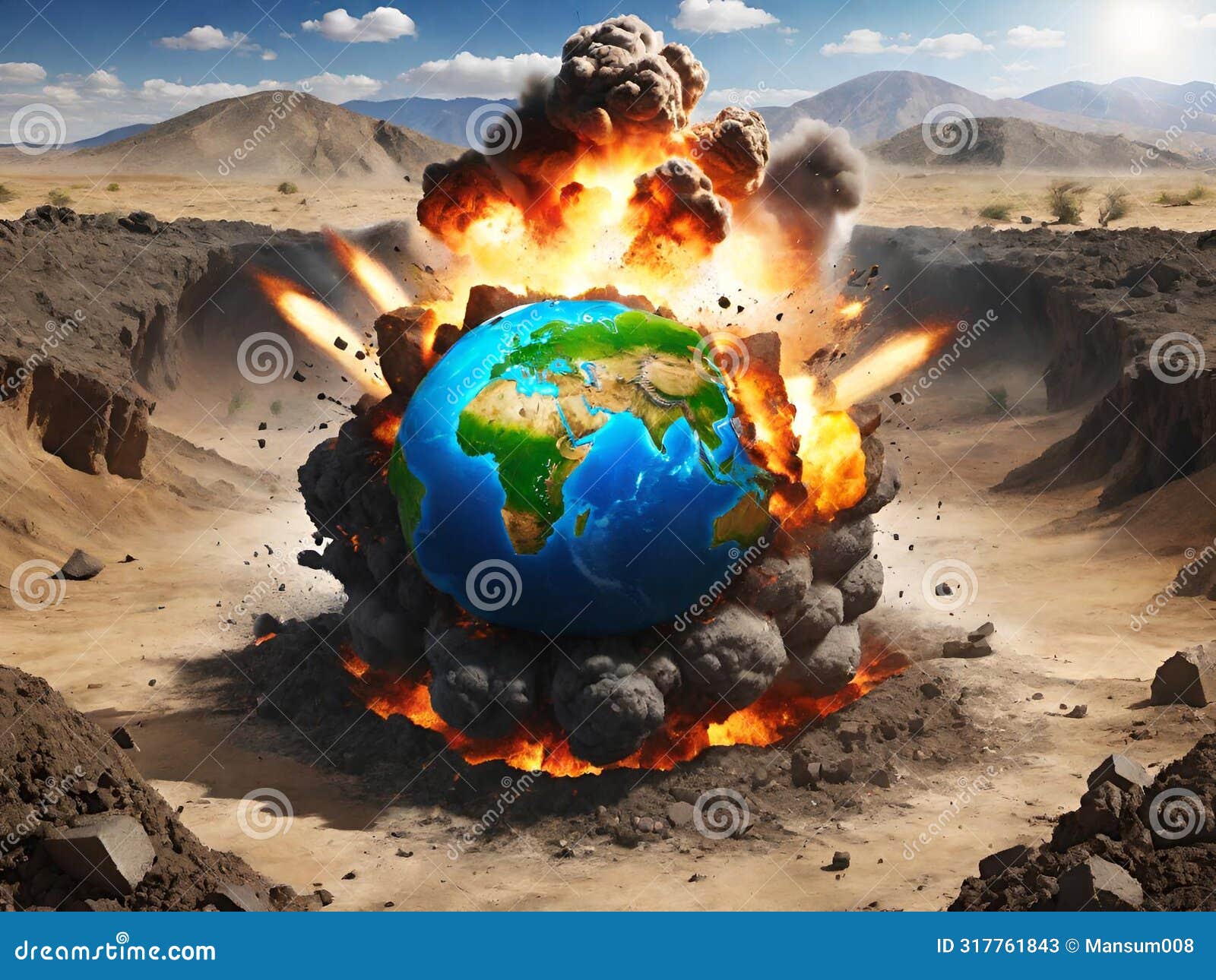 Explosion of a Bomb and Earth Globe with a Huge Explosion in the Middle ...