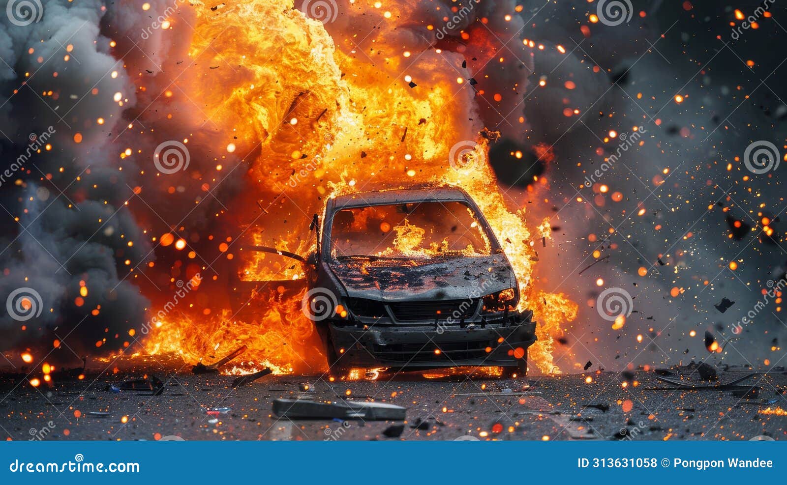 Explosion Car Crash, Intense Flames and Debris on the Road Stock ...