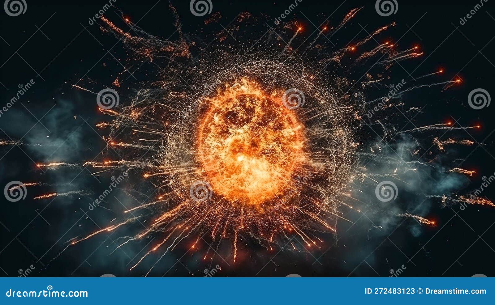 Explosion from Center with Fire, Smoke and Particles for Abstract and ...