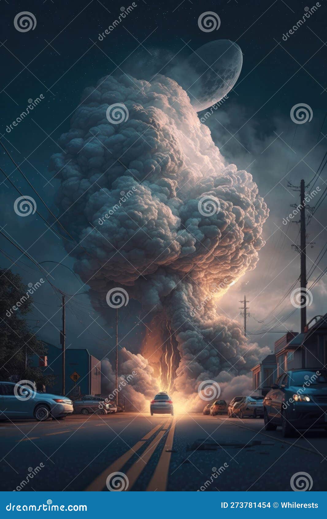 Explosion Cloud Destroying a Road at Night with a Full Moon Generative ...