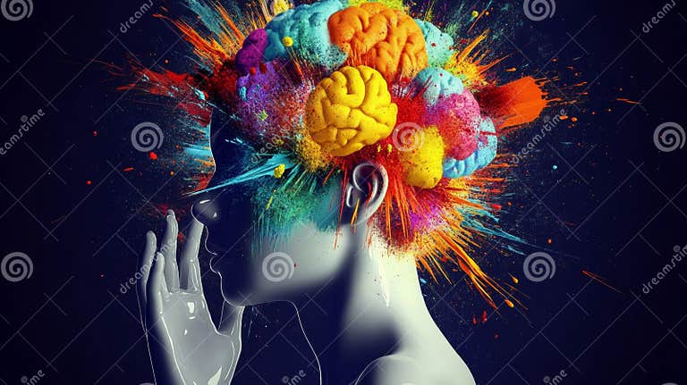 Explosion of Colorful Brains in a Human Head, Representing the Concept ...