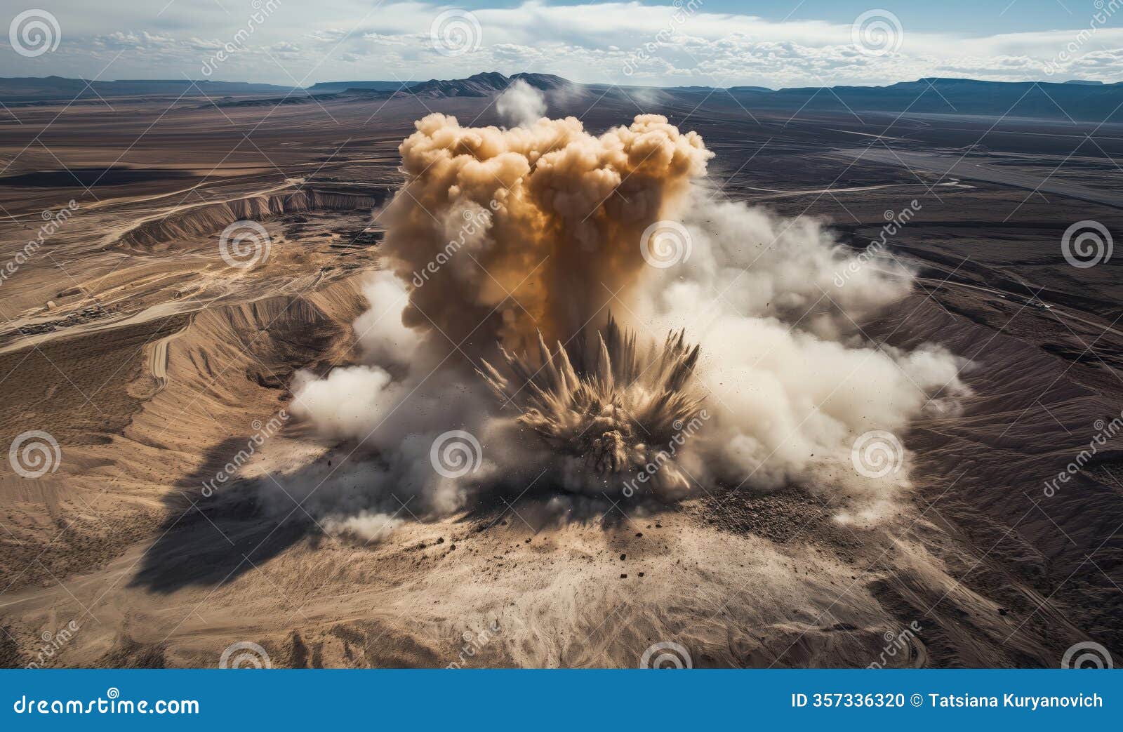 Explosion Creating Massive Dust Cloud Over Desert Landscape, Aerial ...