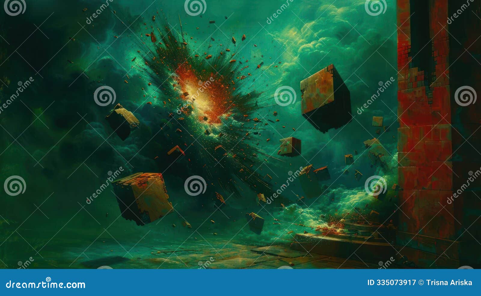 An Explosion of Cubes Amidst Swirling Clouds, Evoking a Sense of Chaos ...