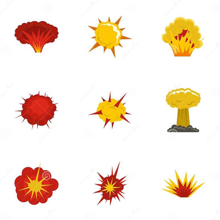 Explosion Destruction Icons Set, Flat Style Stock Vector - Illustration ...