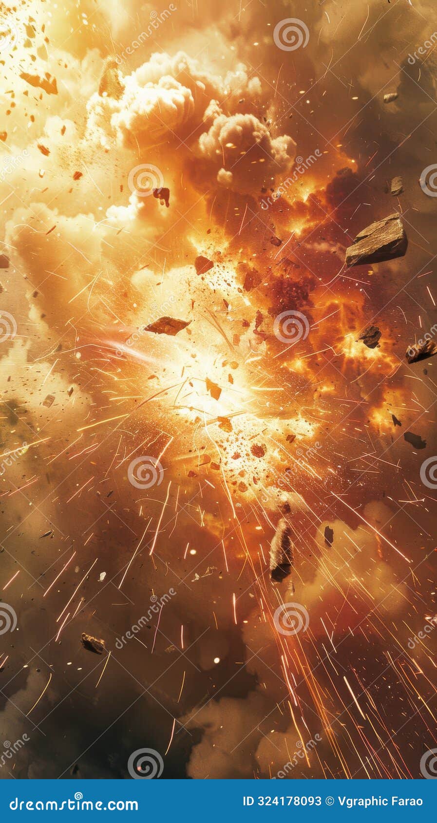 Explosion with Fiery Debris and Clouds, Dynamic Scene. Destruction ...