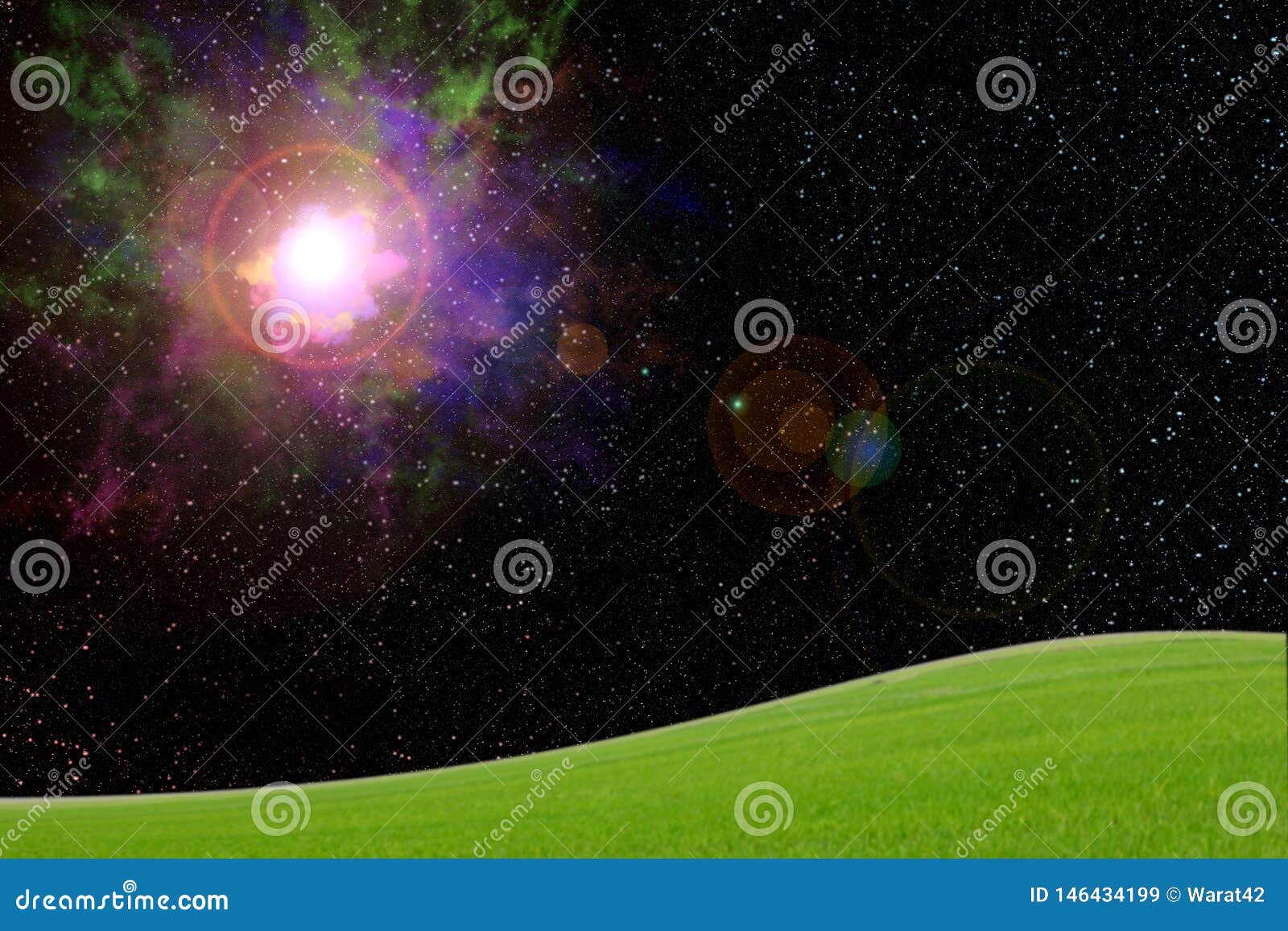 Explosion in Galaxy with Meadow on Earth,abstract Background Stock ...