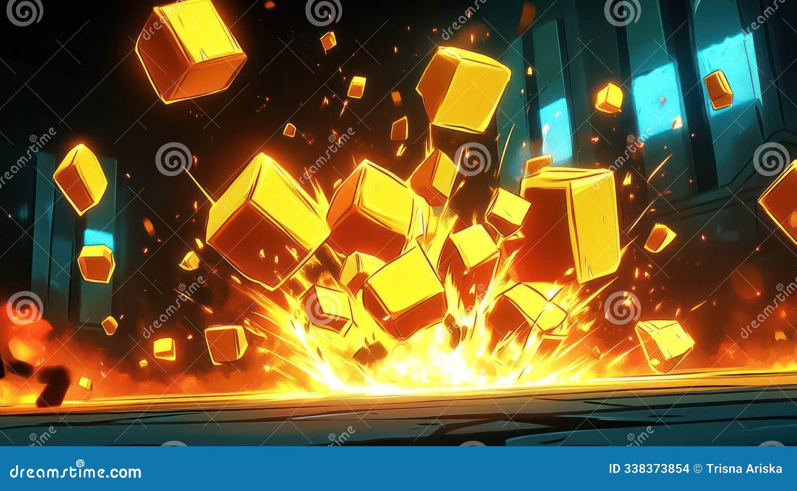An Explosion of Golden Cubes Against a Dark Background, Creating a ...