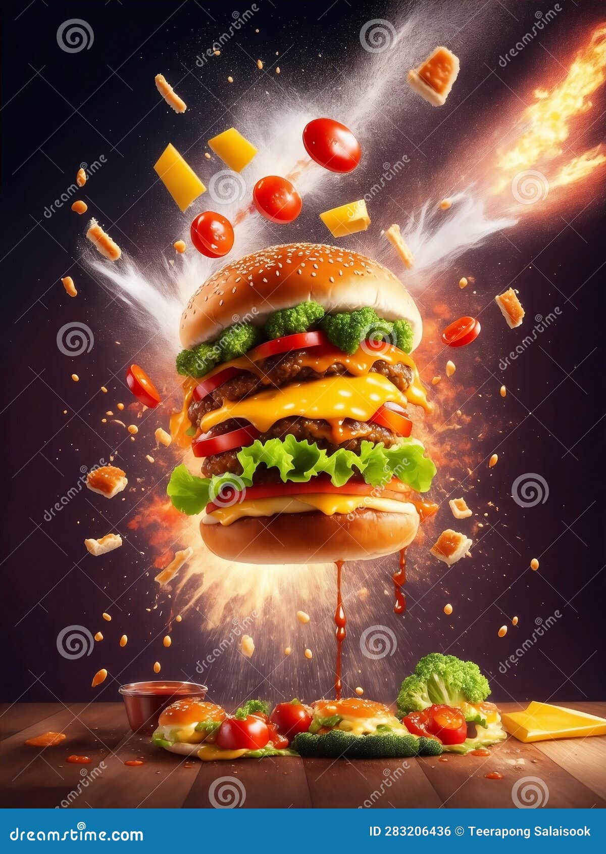 The Explosion of a Hamburger, Generative AI Illustration Stock ...