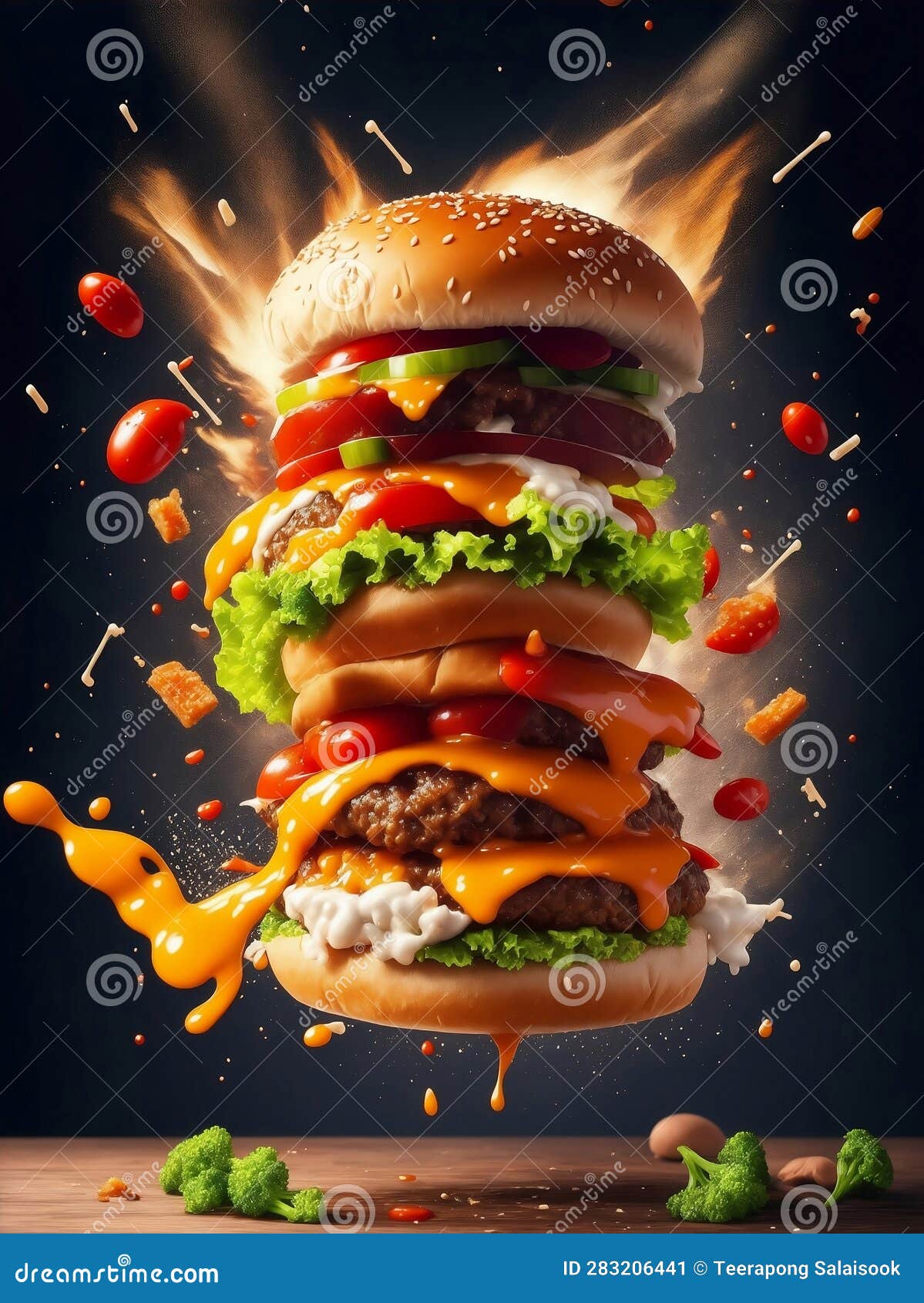 The Explosion of a Hamburger, Generative AI Illustration Stock ...
