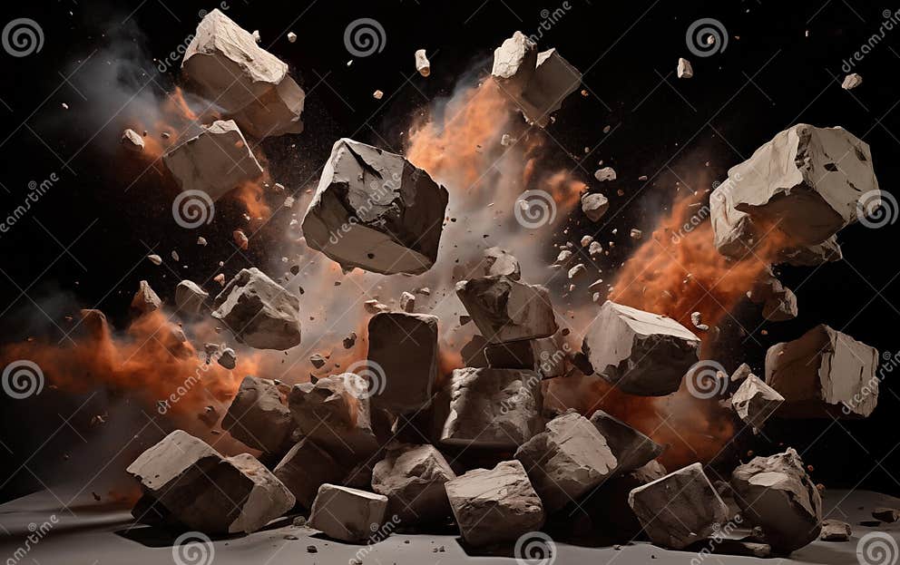 Explosion of Large Stone Blocks in Different Directions Stock ...
