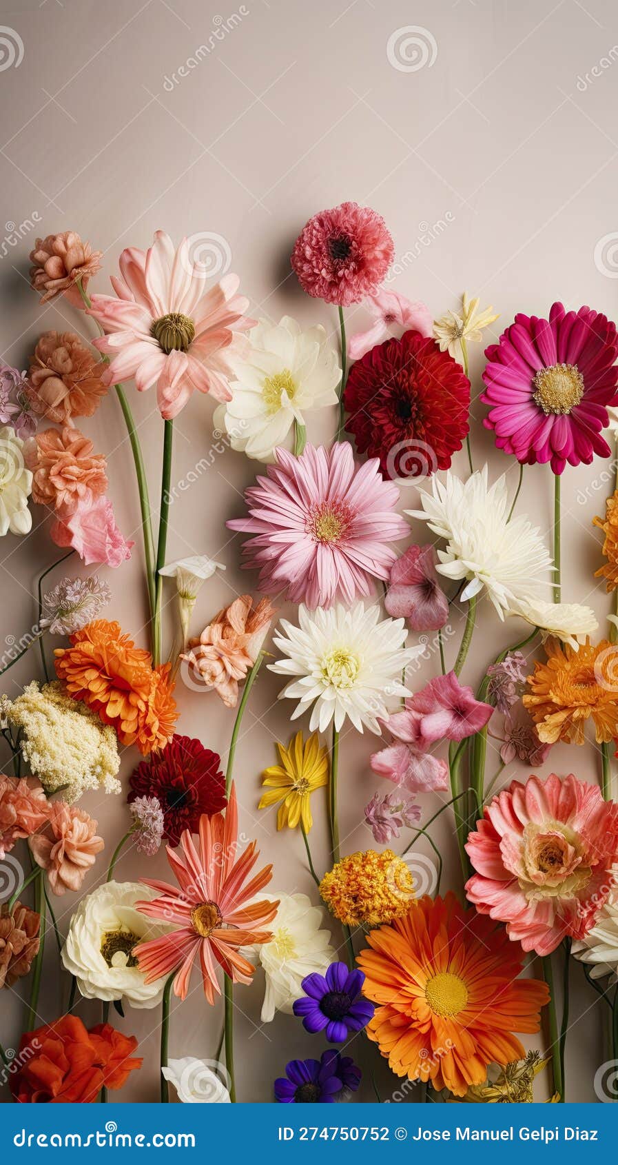 Explosion of Many Colors in Spring. Flowers on a Plain Colored ...