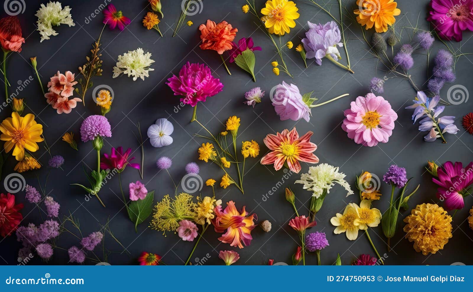 Explosion of Many Colors in Spring. Flowers on a Plain Colored ...