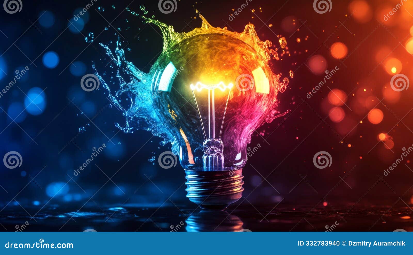 An Explosion of Paint Surrounds a Lit Light Bulb Against a Dark ...
