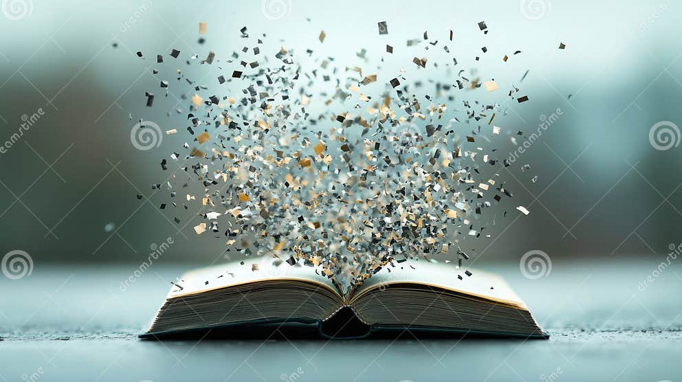 Explosion of Paper Fragments Emerging from Open Book Stock Illustration ...