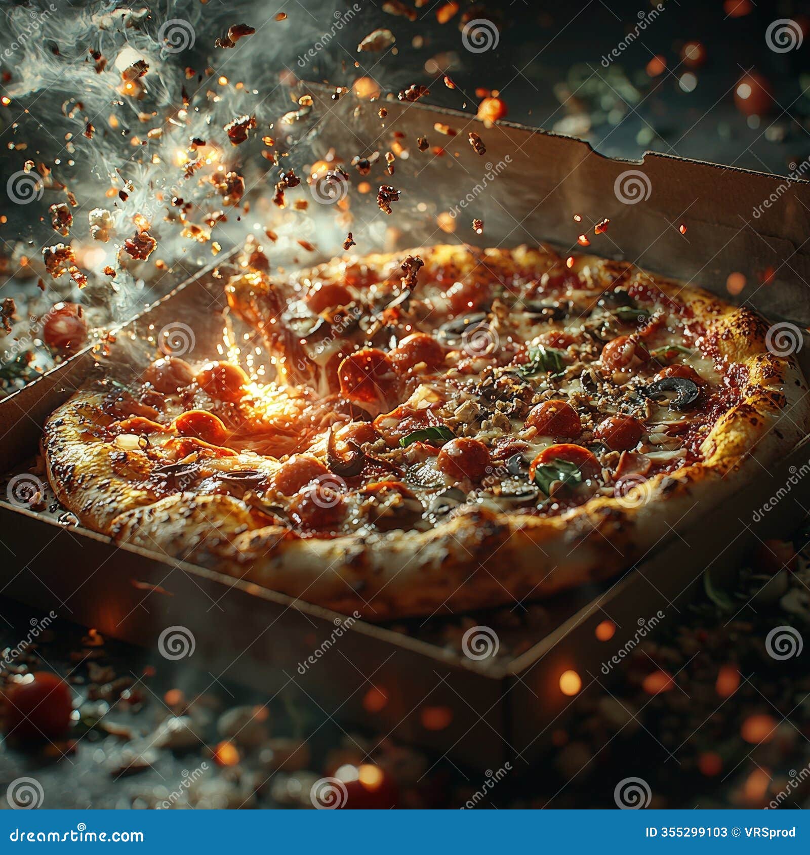 Explosion of Pizza Toppings in a Dynamic Scene Stock Image - Image of ...
