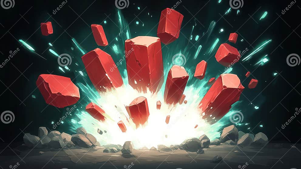 An Explosion of Red Blocks with a Burst of Light and Debris in a ...