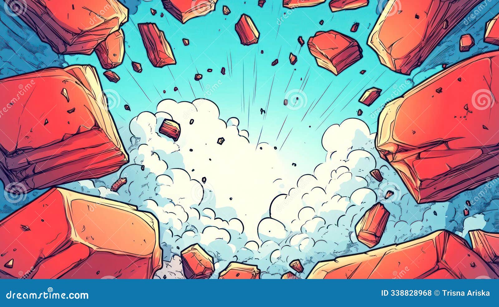 An Explosion Scene with Flying Debris and Clouds Against a Bright Sky ...