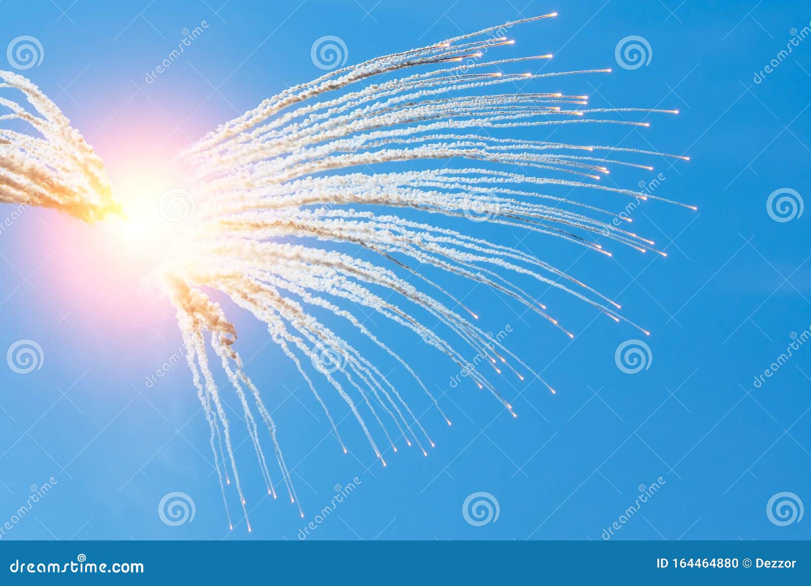 Explosion of a Shell in the Sky and Burning Debris Flying with Smoke ...
