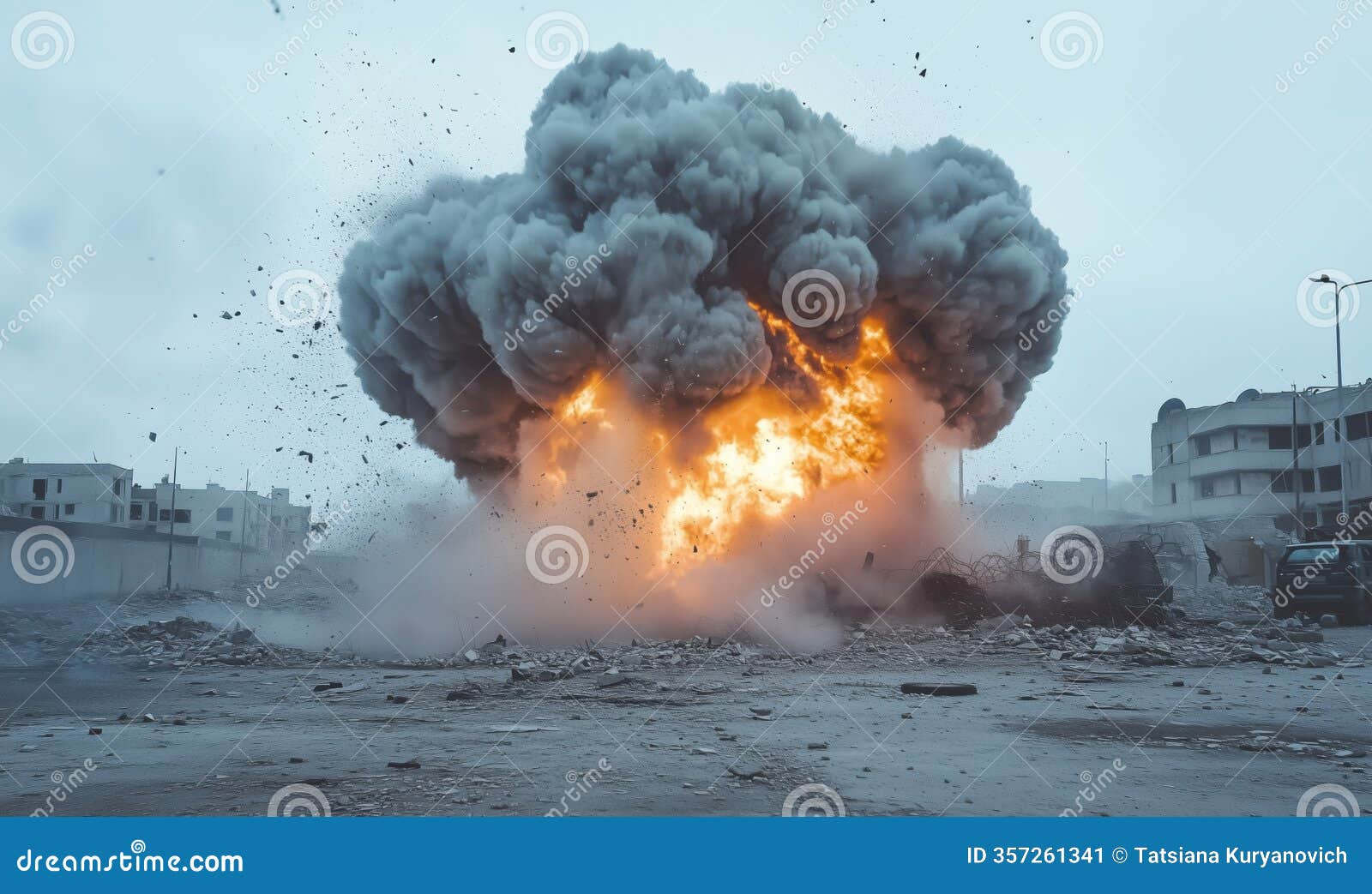 Explosion with Smoke and Fire, Debris Scattered, Urban Environment ...