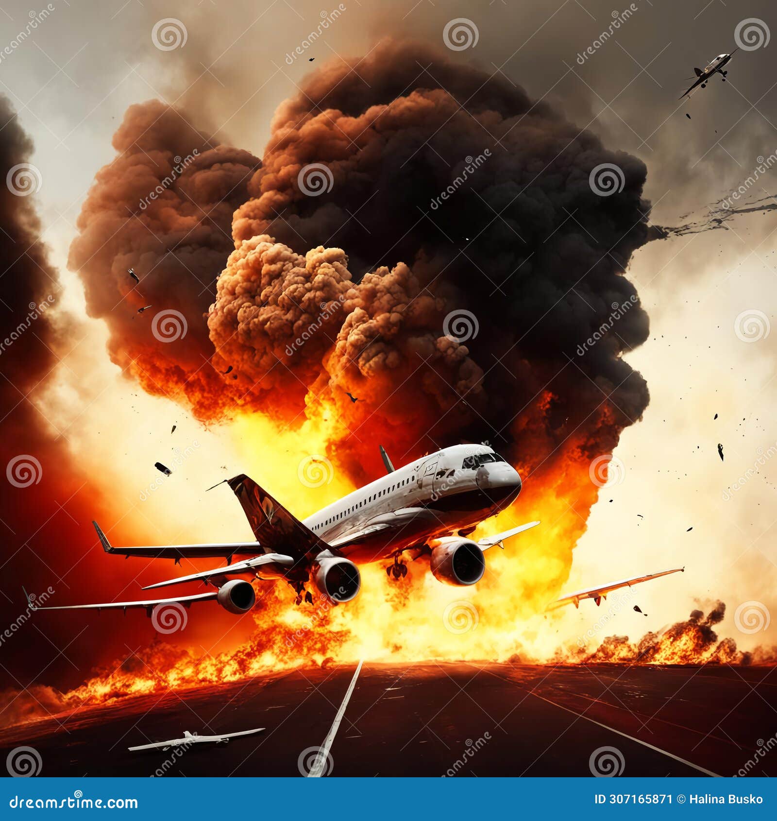 Explosion of a Take-off Aircraft. Aviation Crash. Fire and Smoke in the ...