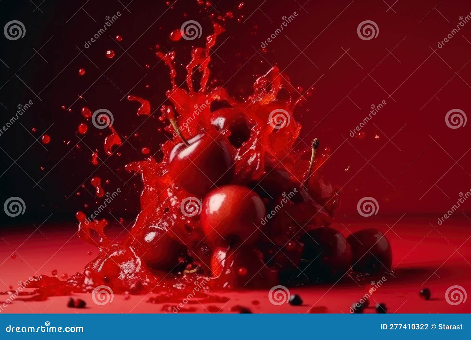 Explosion of Taste, Cherry on a Red Background in a Splash of Juice ...