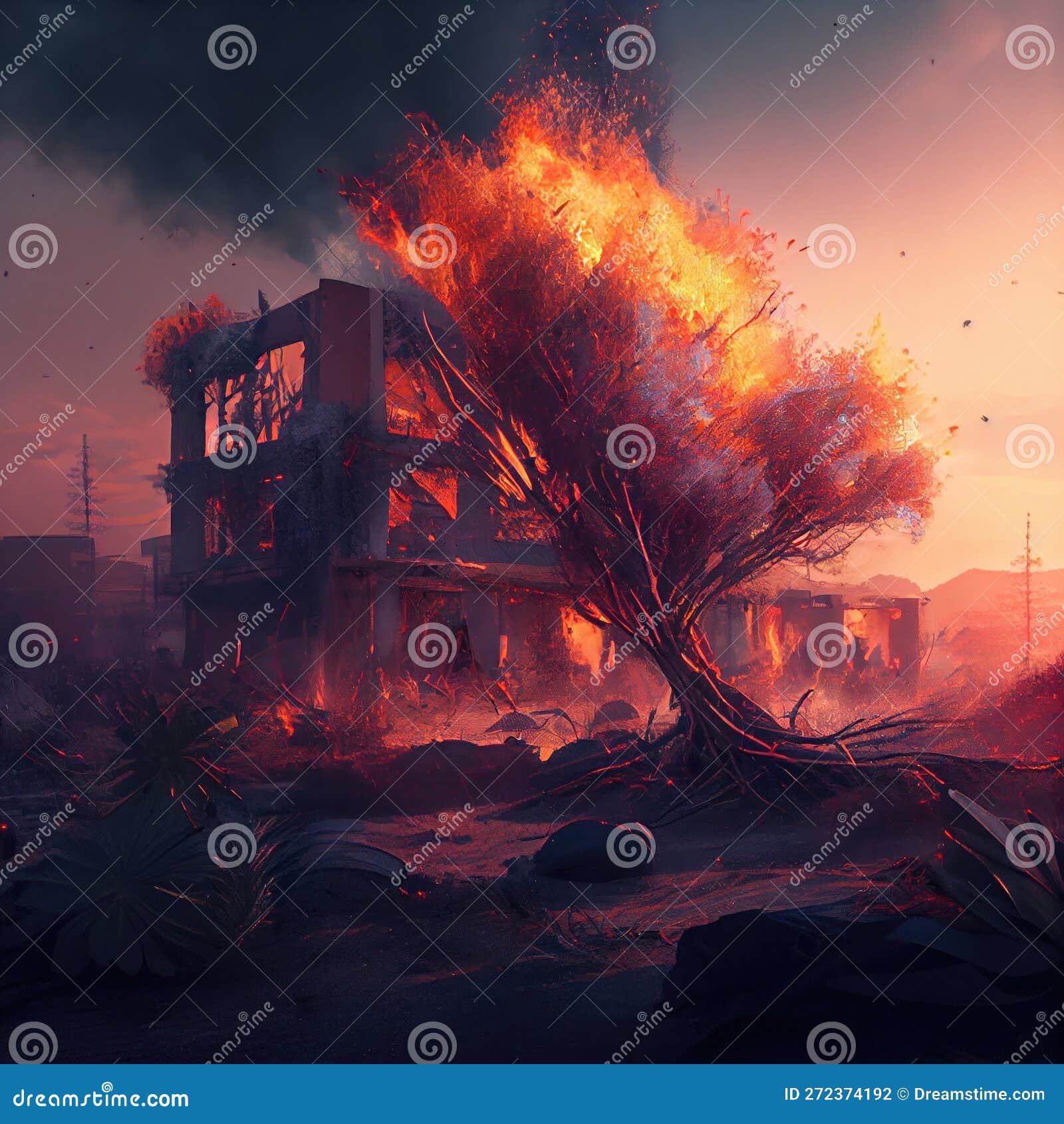 Explosion of Terrifying Fire in Deserted and Overgrown Postapocalyptic ...