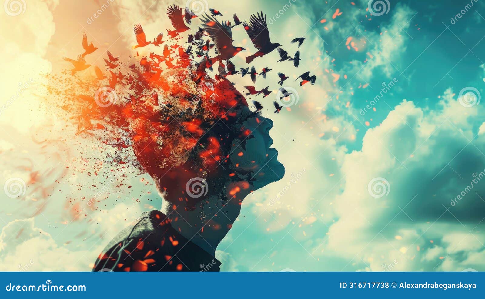 Explosion of Thoughts: Creative Mind Concept with Birds and Sunset Sky ...