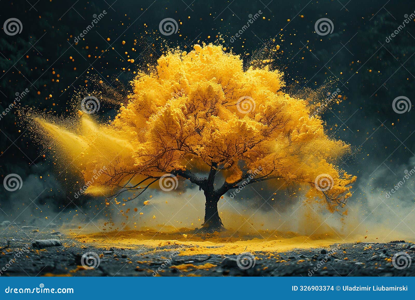 Explosion of Yellow Dust on a Tree on a Dark Desert Background. Stock ...