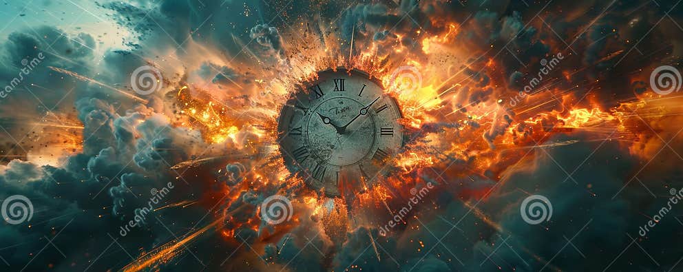 Explosive Abstract Art of a Clock in a Fiery Cloudscape Representing ...