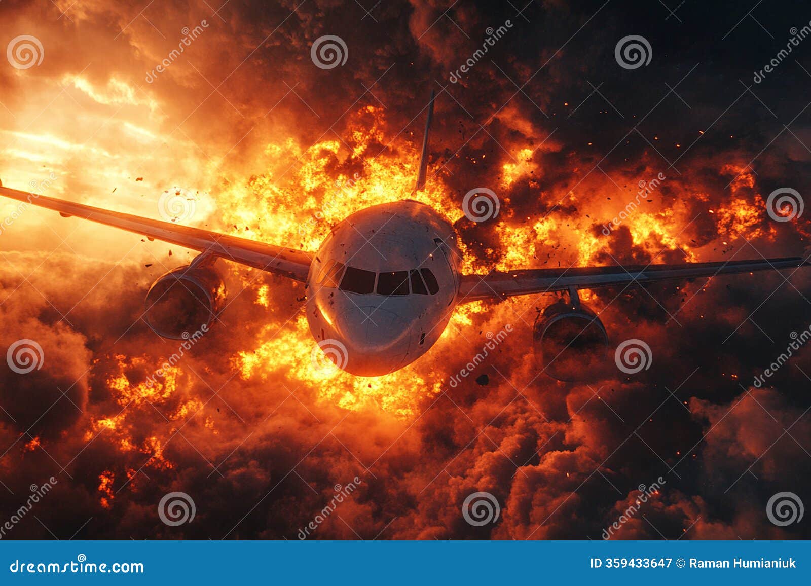 Explosive Aircraft Incident in a Dramatic Sky during Sunset Stock ...