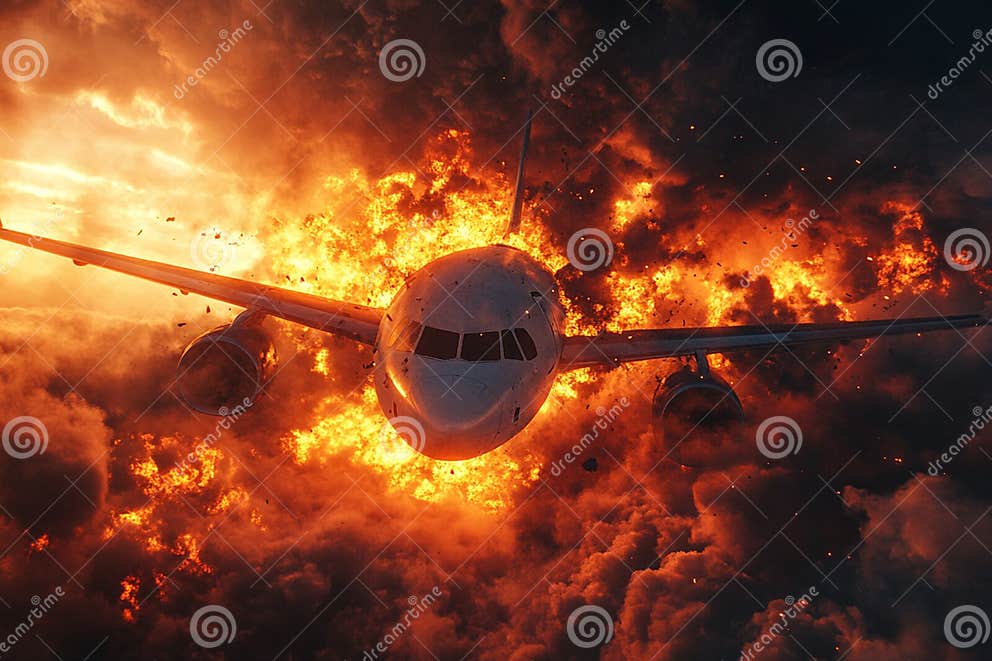 Explosive Aircraft Incident in a Dramatic Sky during Sunset Stock ...