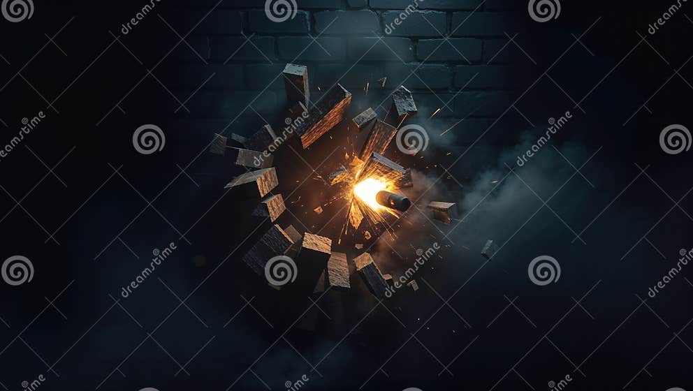 Explosive Burst Breaks through Dark Wall Creating Dramatic Effect with Smoke and Debris Stock ...