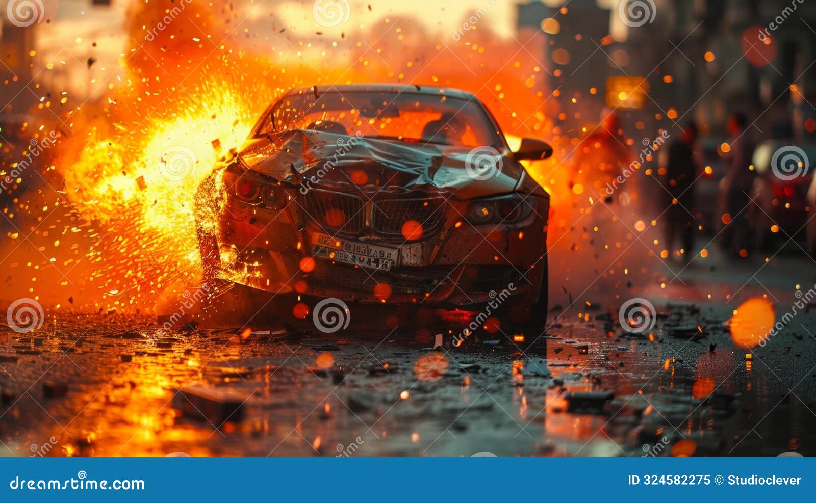 Explosive Car Crash with Fire and Sparks - Generative AI Stock Image ...